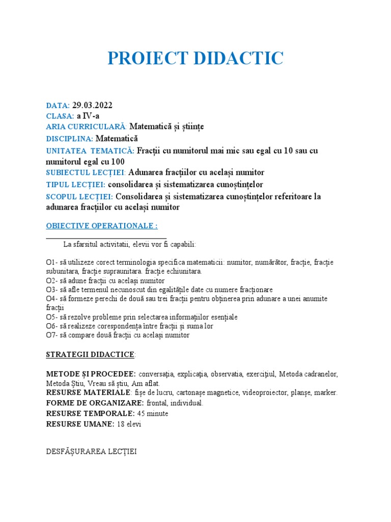 Proiect Didactic Matematica | PDF