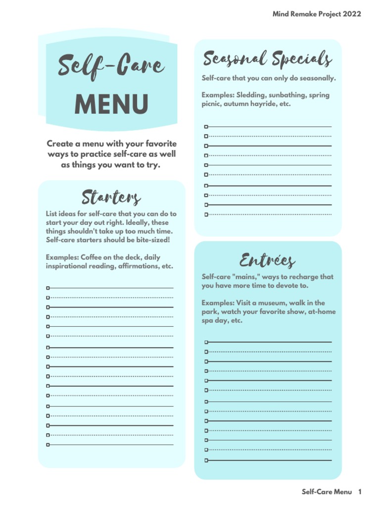 Self Care Menu FINAL | PDF | Menu | Food And Drink