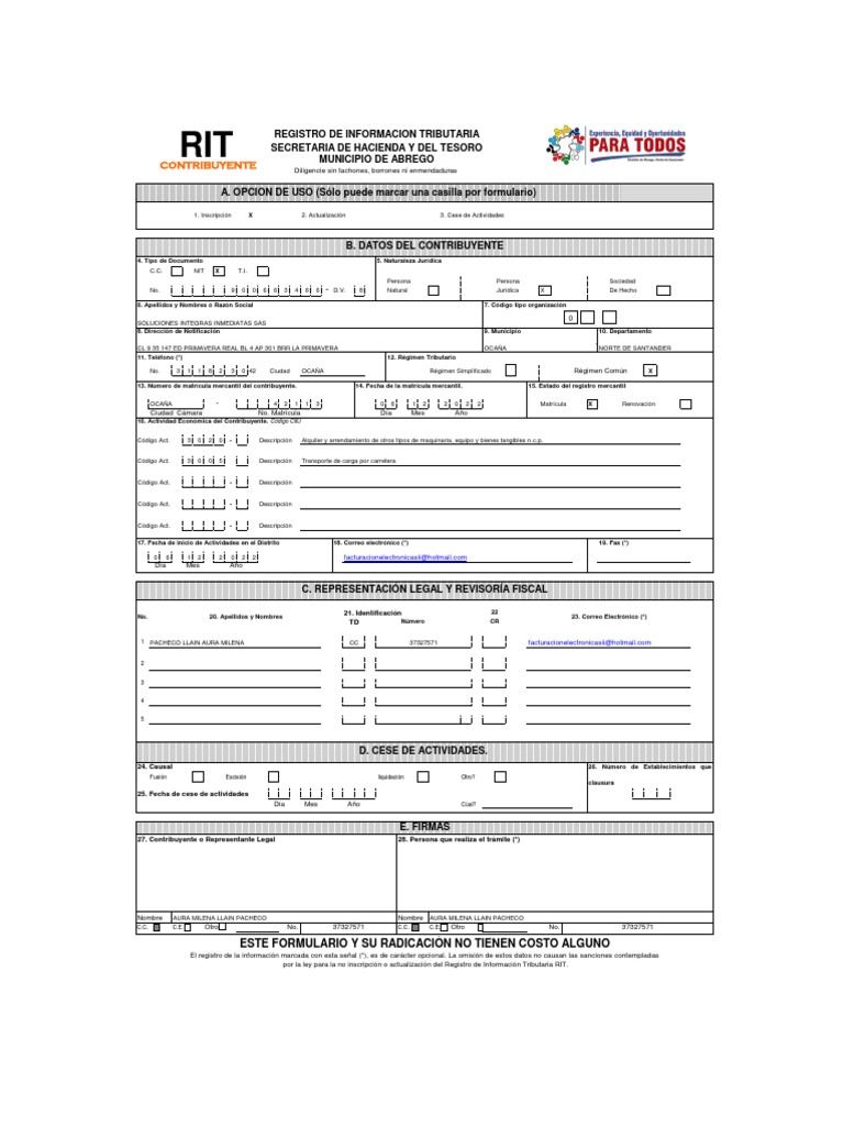 Formato Rit Contribuyente Abrego | PDF