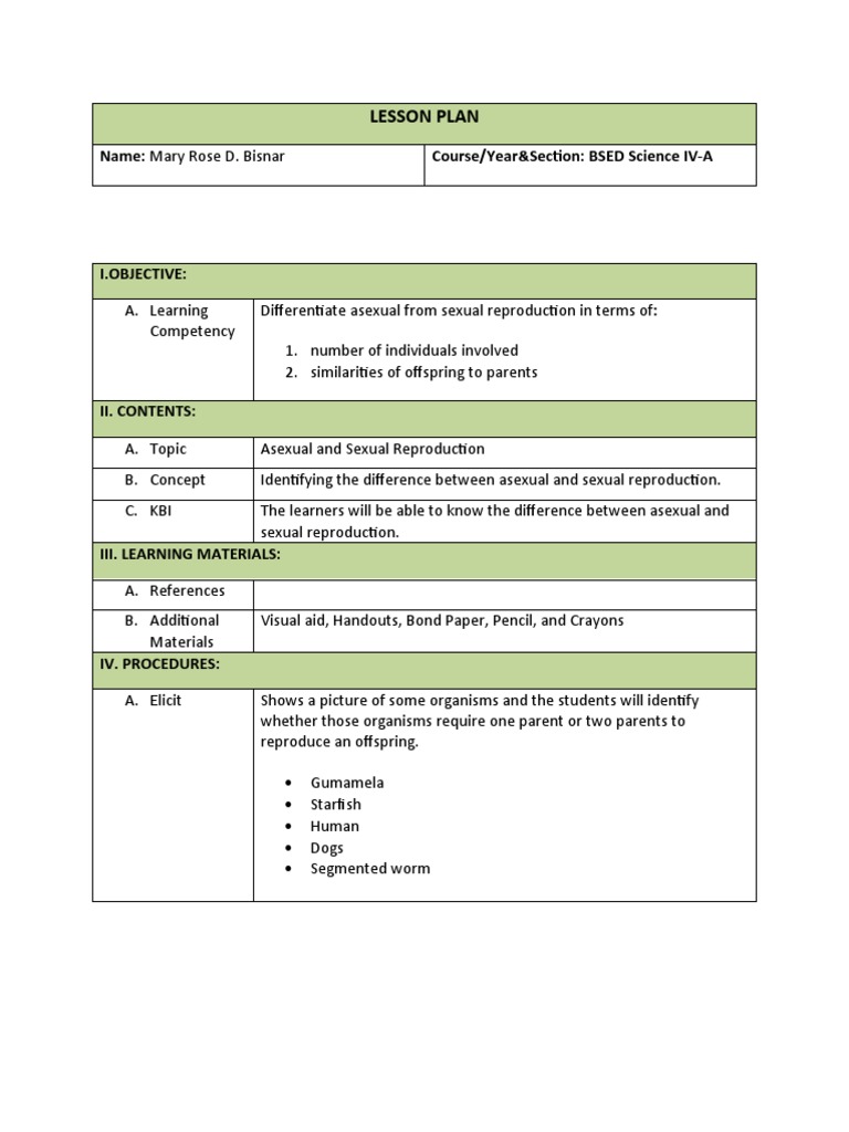 Lesson Plan | PDF | Reproduction | Sexual Reproduction