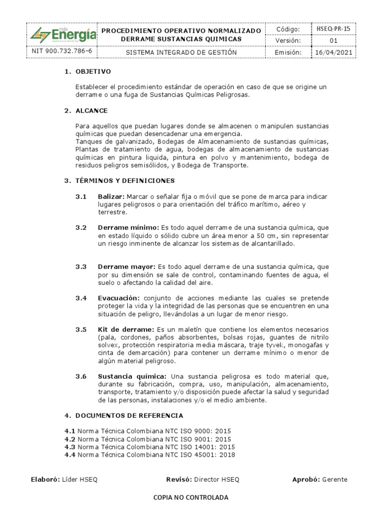 Hseq Pr 15 V1 Procedimiento Operativo Normalizado Derrame Sustancias