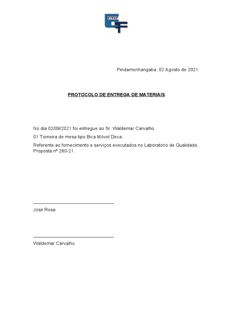 Protocolo Entrega Materiais | PDF