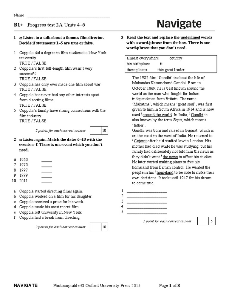 Navigate B1+ Progress Test 2A (Units 4-6) | PDF