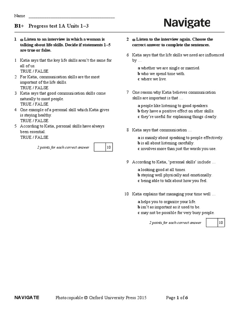 Navigate B1+ Progress Test 1A (Units 1-3) | PDF Navigate B1+ Progress Test 1A (Units 1-3) | PDF