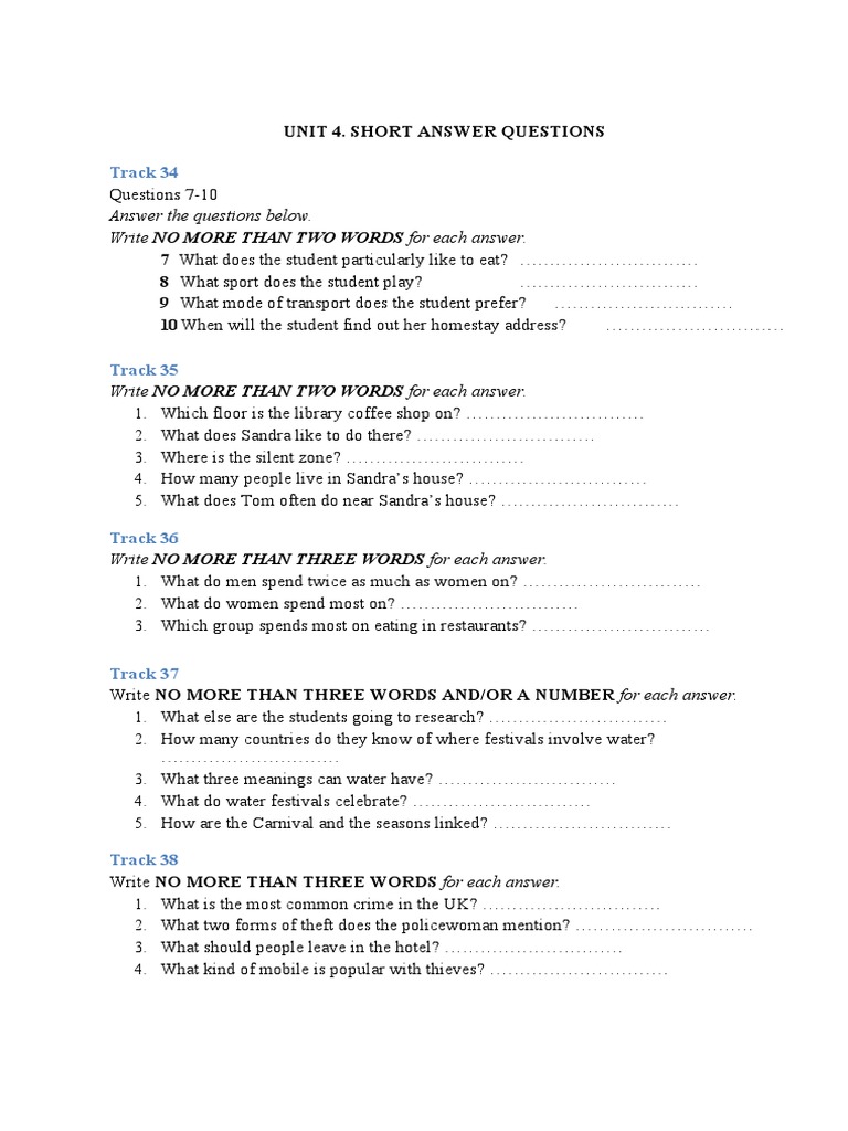 Unit 4 Ielts Listening Short Answer Question | PDF