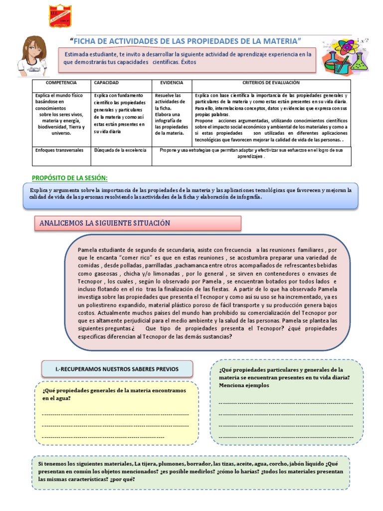 Hoja De Trabajo Sobre Las Propiedades De La Materia En La Escuela ...