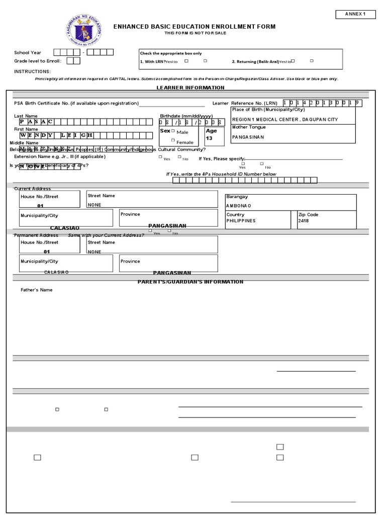 Enhanced-Basic-Education-Enrollment-Form-1-Page WENDY | PDF