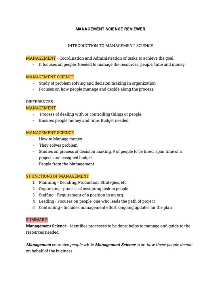 Management Science Overview and Functions | PDF | Science ...