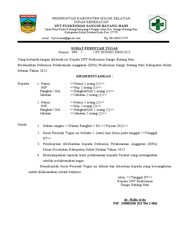 Surat Perintah Tugas Puskesmas Sangir | PDF