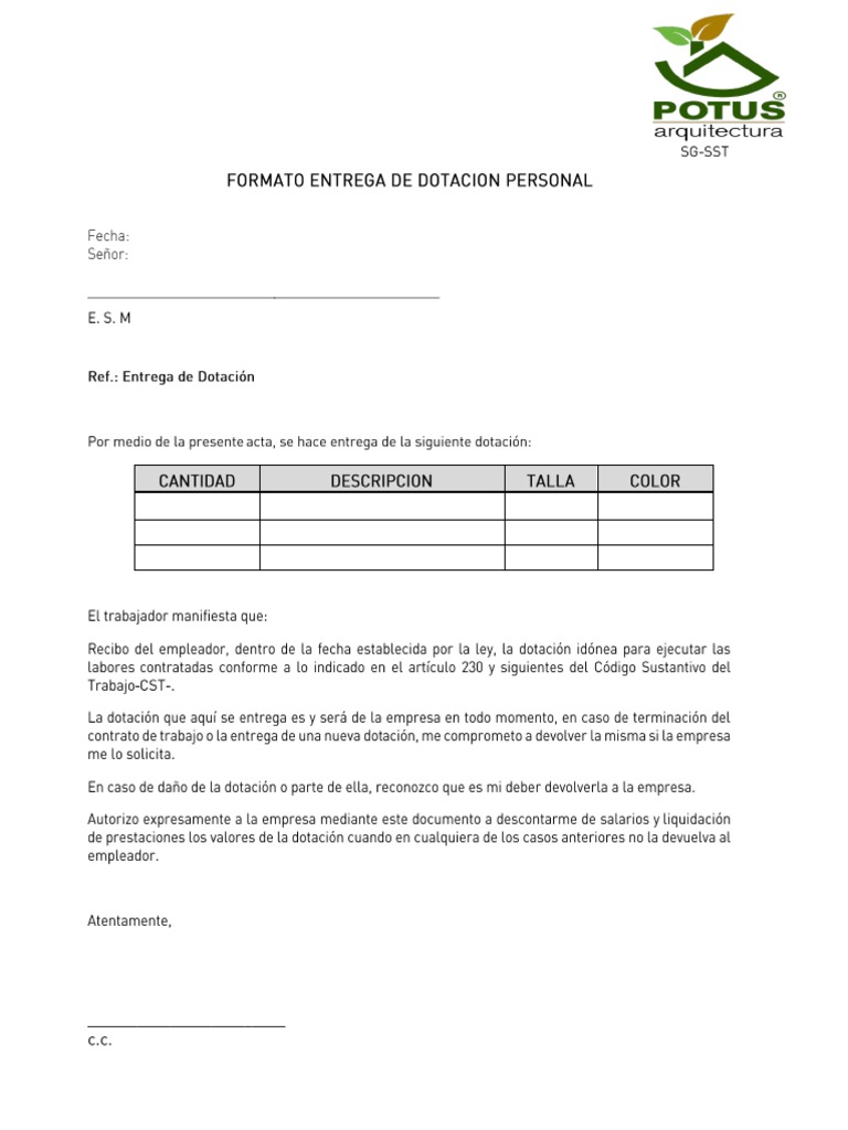 Formato Entrega de Dotacion | PDF