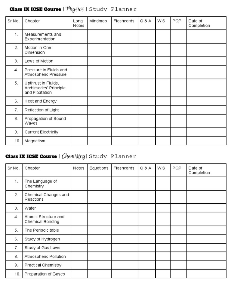Study Planner For Class IX ICSE | PDF | Chemistry | Earth