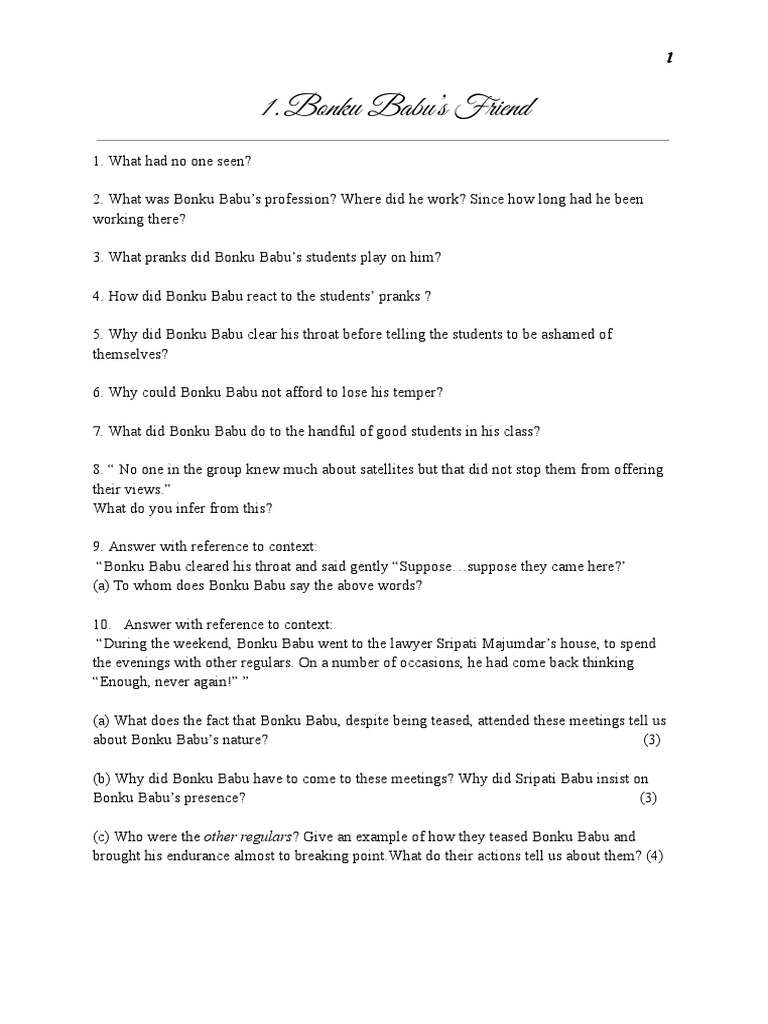 Bonku Babu's Friend Class IX Treasure Chest Questions | PDF
