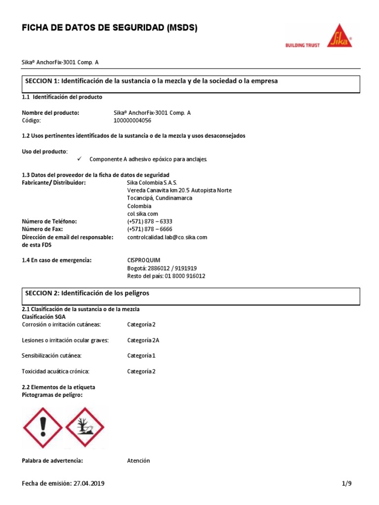 FDS - SIKA - ANCHORFIX 3001 Comp A | PDF