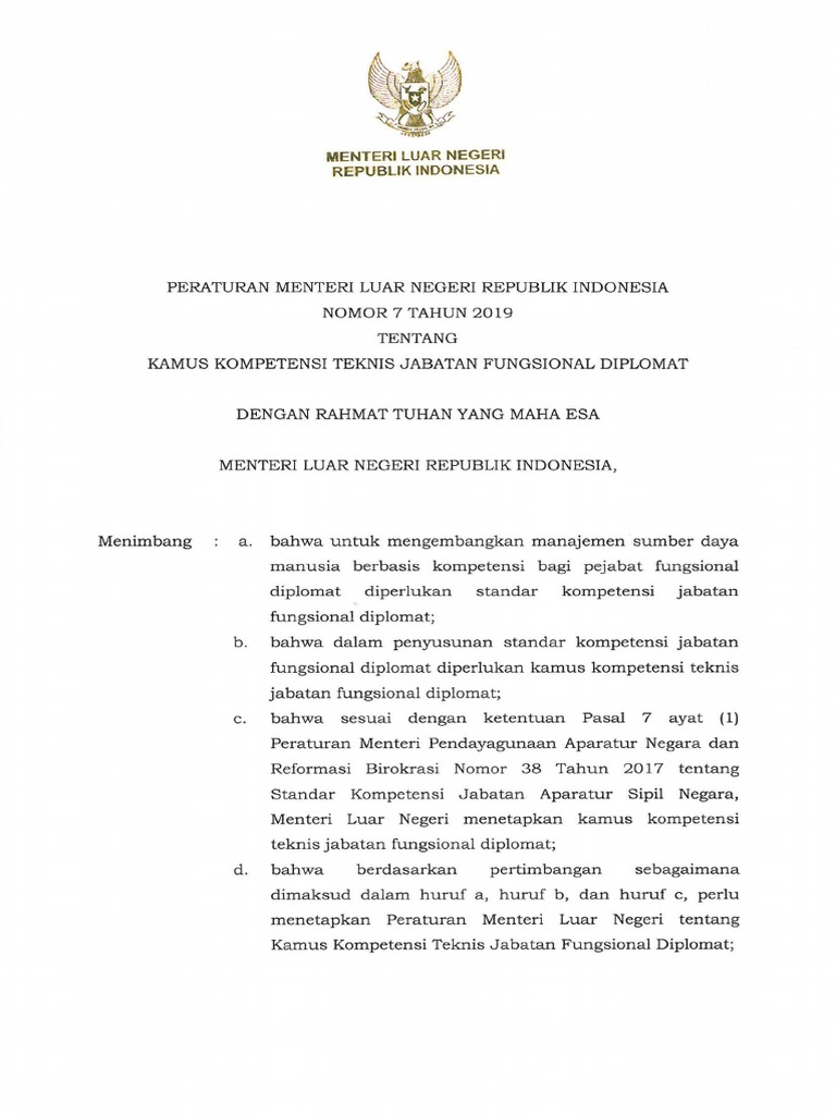 Permenlu Nomor 7 Tahun 2019 Tentang Kamus Kompetensi Teknis JFD | PDF