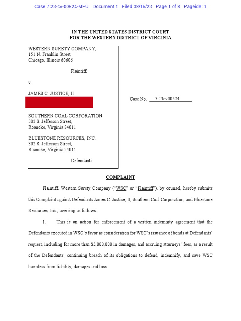 Western Surety Company V Justice Et Al | PDF
