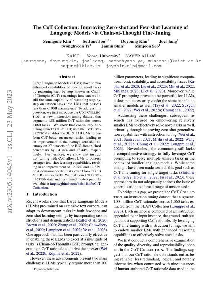 The CoT Collection: Improving Zero-Shot and Few-Shot Learning of Language Models Via Chain-of ...