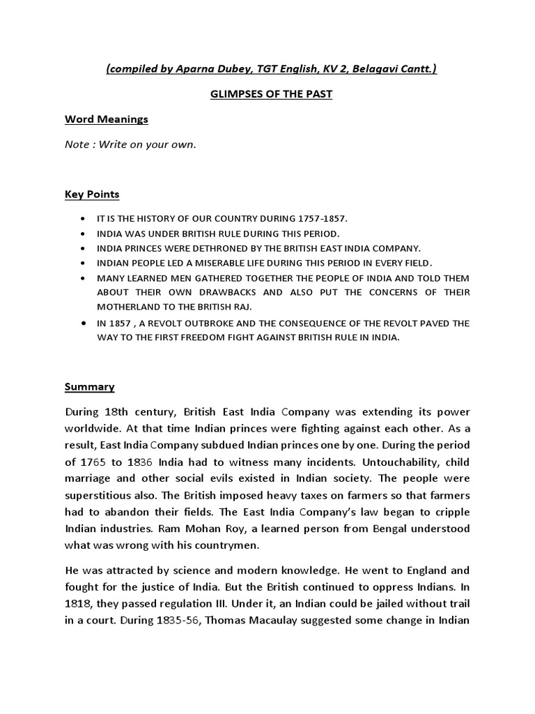 8th Glimpses of The Past-Notes | PDF | British Raj | Indian Rebellion ...