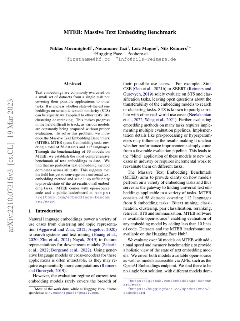 MTEB: Massive Text Embedding Benchmark | PDF | Statistical ...