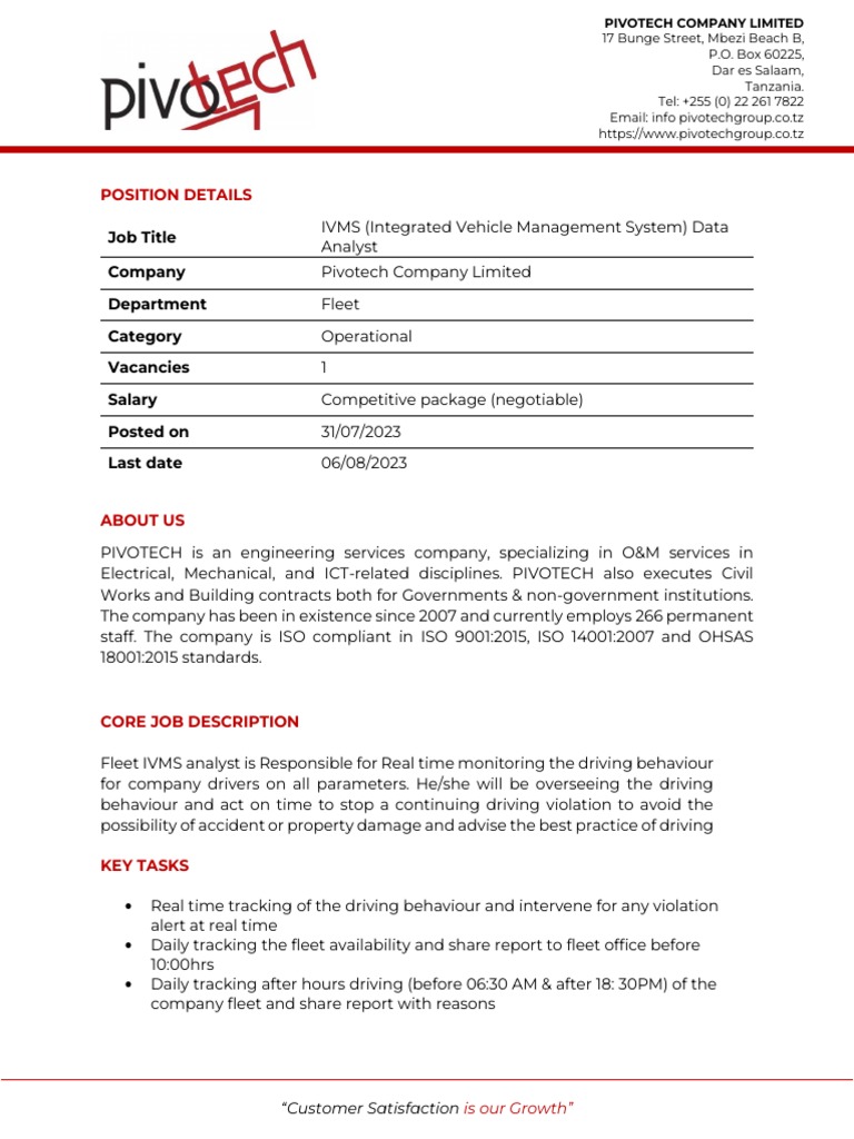 PIVOTECH - Job Profile - IVMS Data Analyst (Trainee) | PDF