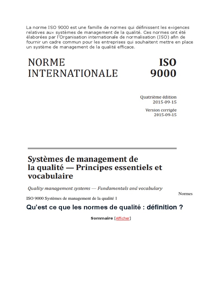 La Norme ISO 9000 Est Une Famille de Normes Qui Définissent Les Exigences Relatives Aux Systèmes ...