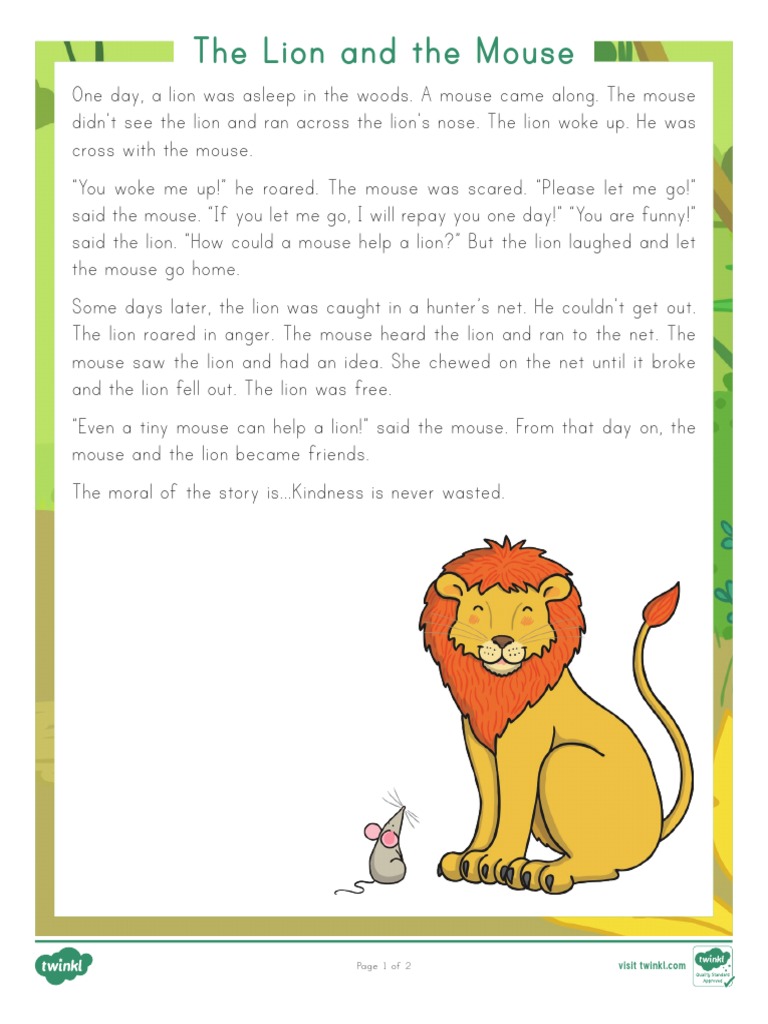 Us T L 53192 Second Grade The Lion and The Mouse Reading Comprehension ...