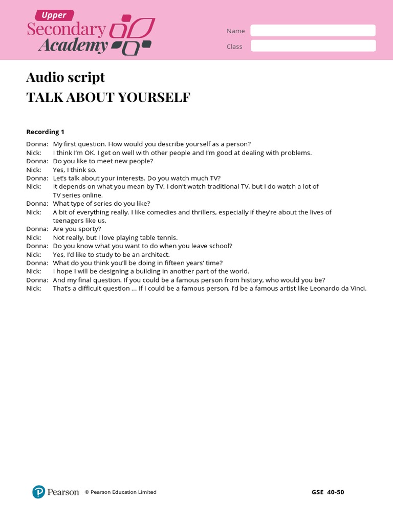 Upper-Secondary Academy GSE 40 50 Talk About Yourself Audio Script | PDF