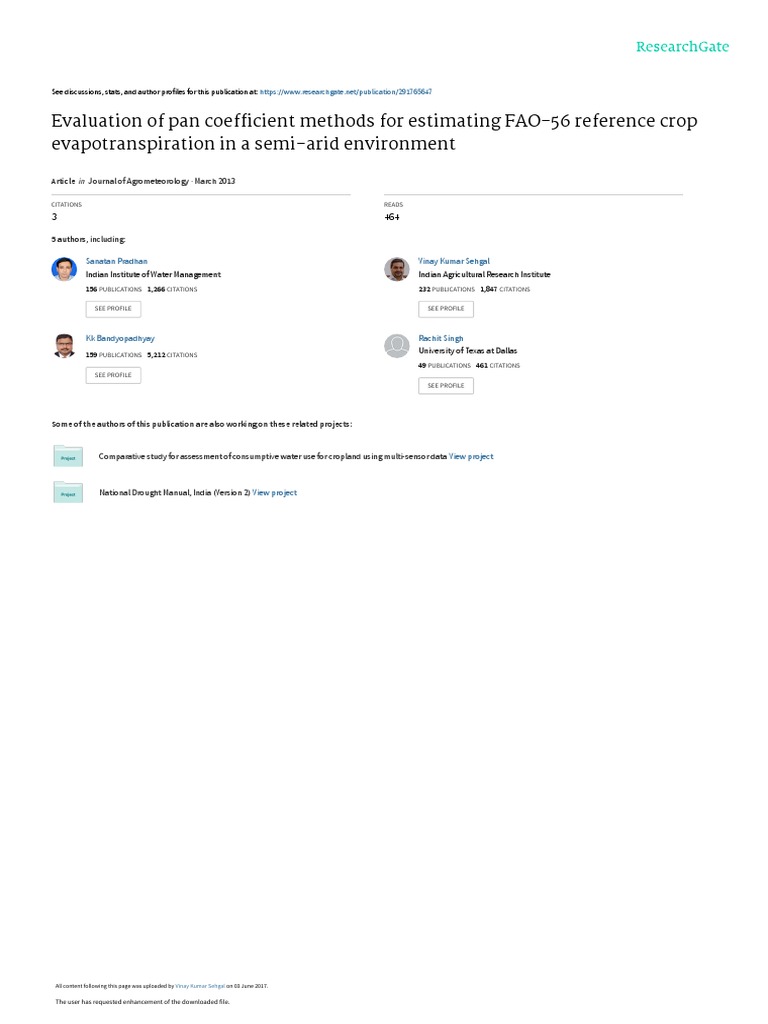 Pan Coefficient Methods for FAO-56 ETo | PDF
