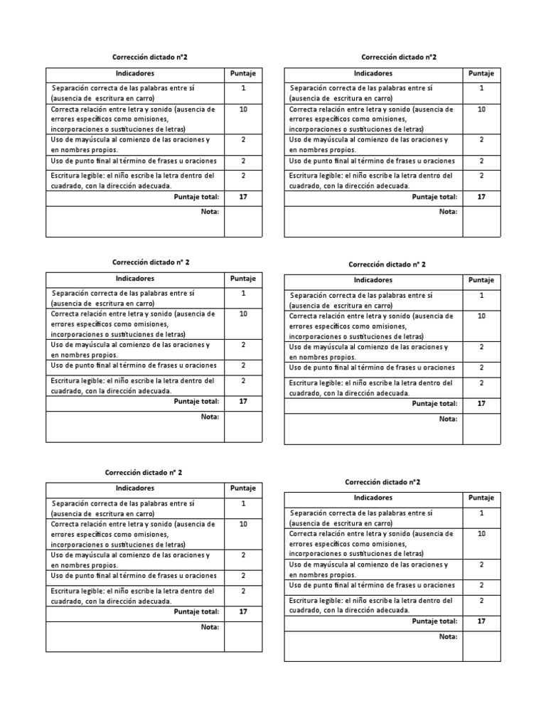 Rúbrica Corrección Dictados 1° Sem. | PDF