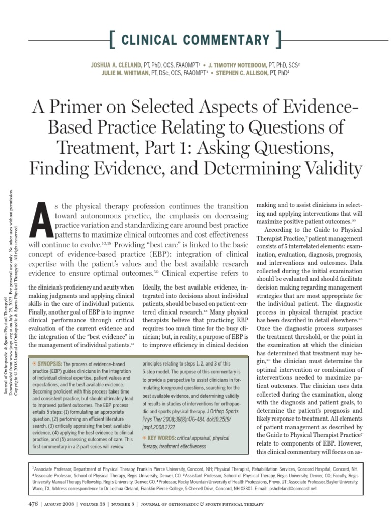 Jospt.2008.2722 A Primer On Selected Aspects of Evidence Based Practice ...