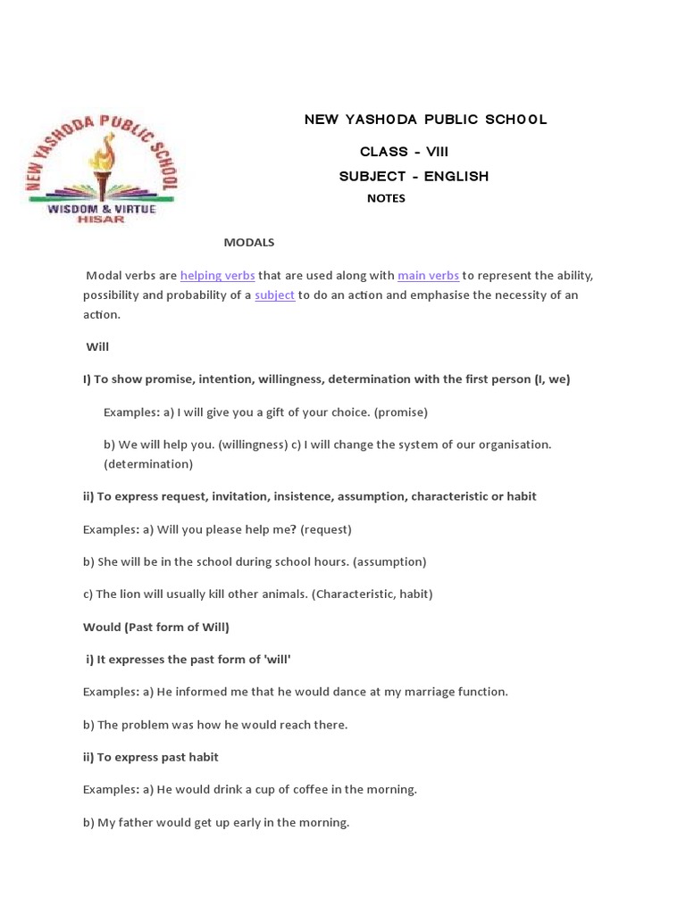 Viii English Notes of Grammar Chapter 8 - Modals | PDF | Syntax | Grammar