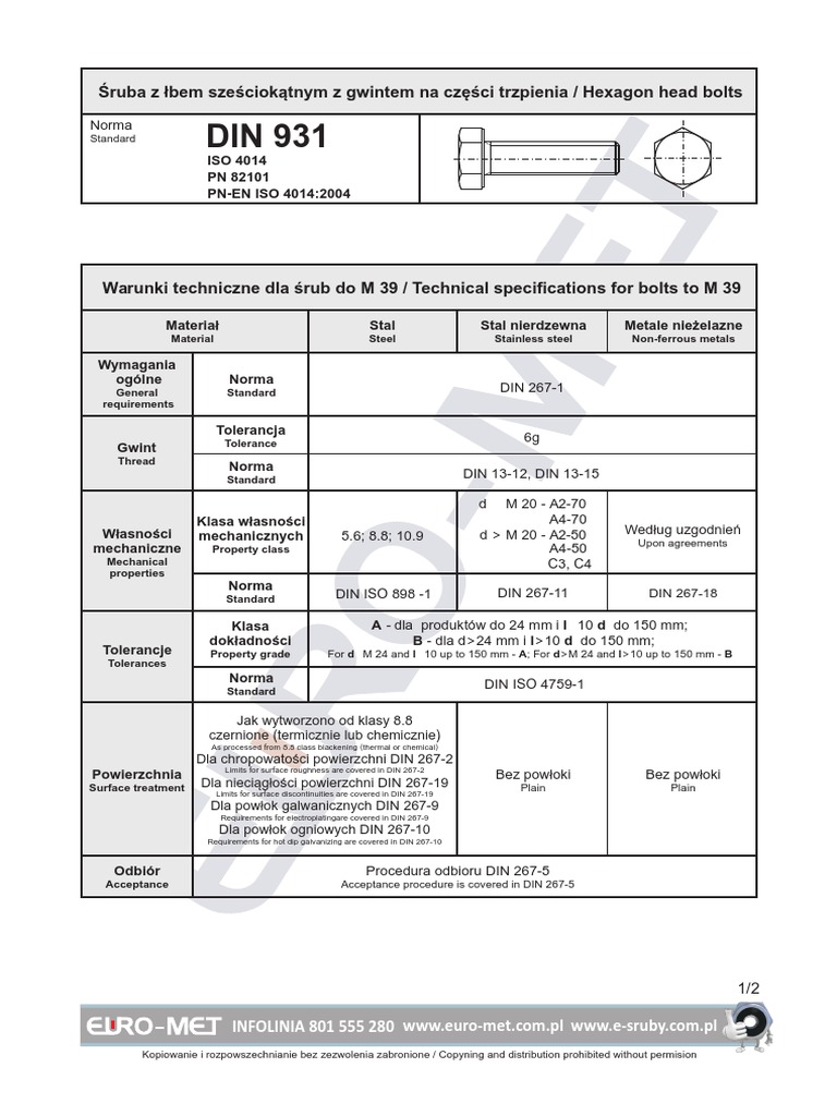 DIN 931 Warunki Techniczne | PDF