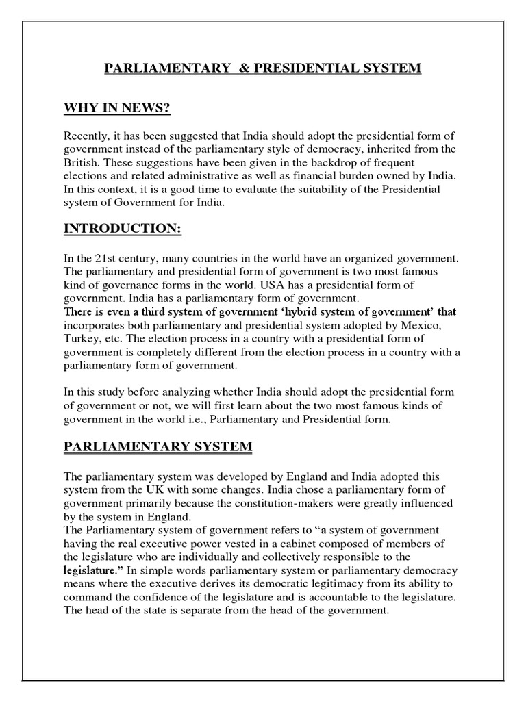 Parliamentary & Presidential Form of Government | PDF