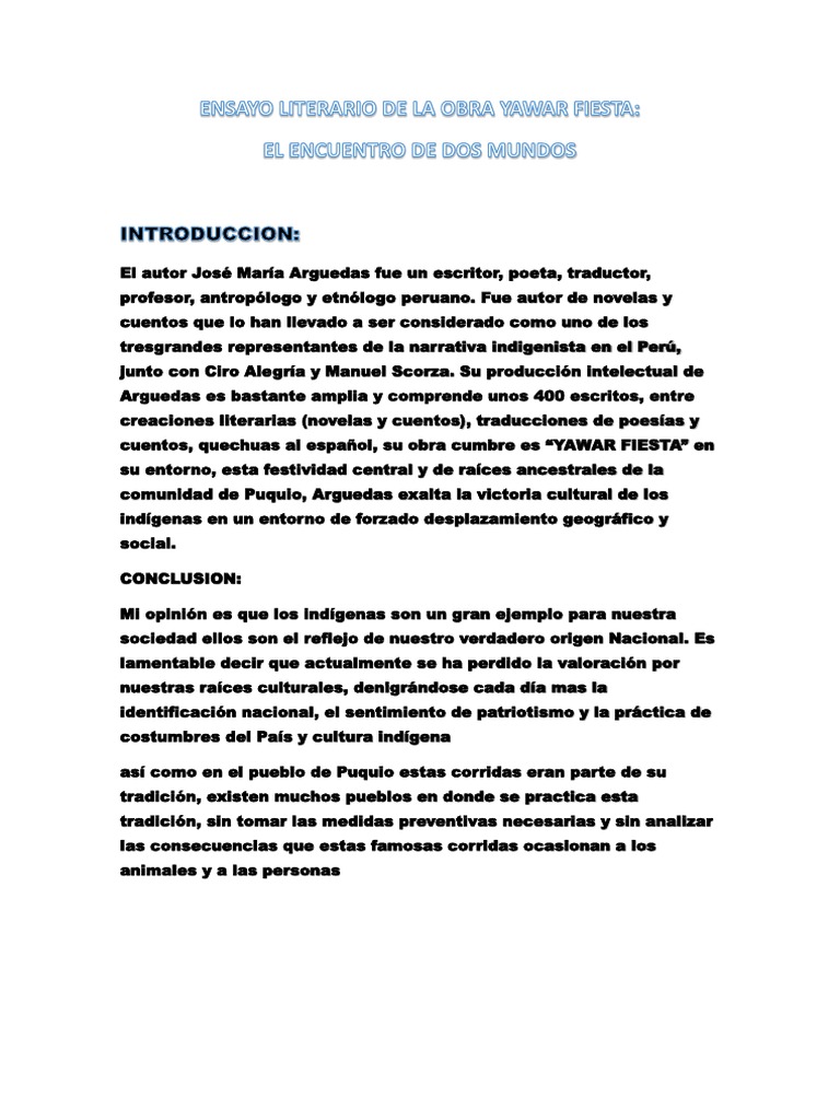 Ensayo Literario de La Obra Yawar Fiesta | PDF