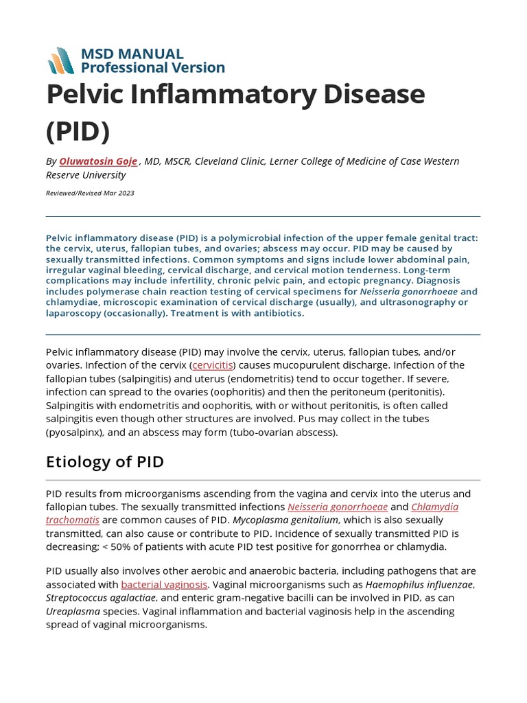 Pelvic Inflammatory Disease (PID) - Gynecology and Obstetrics - MSD ...
