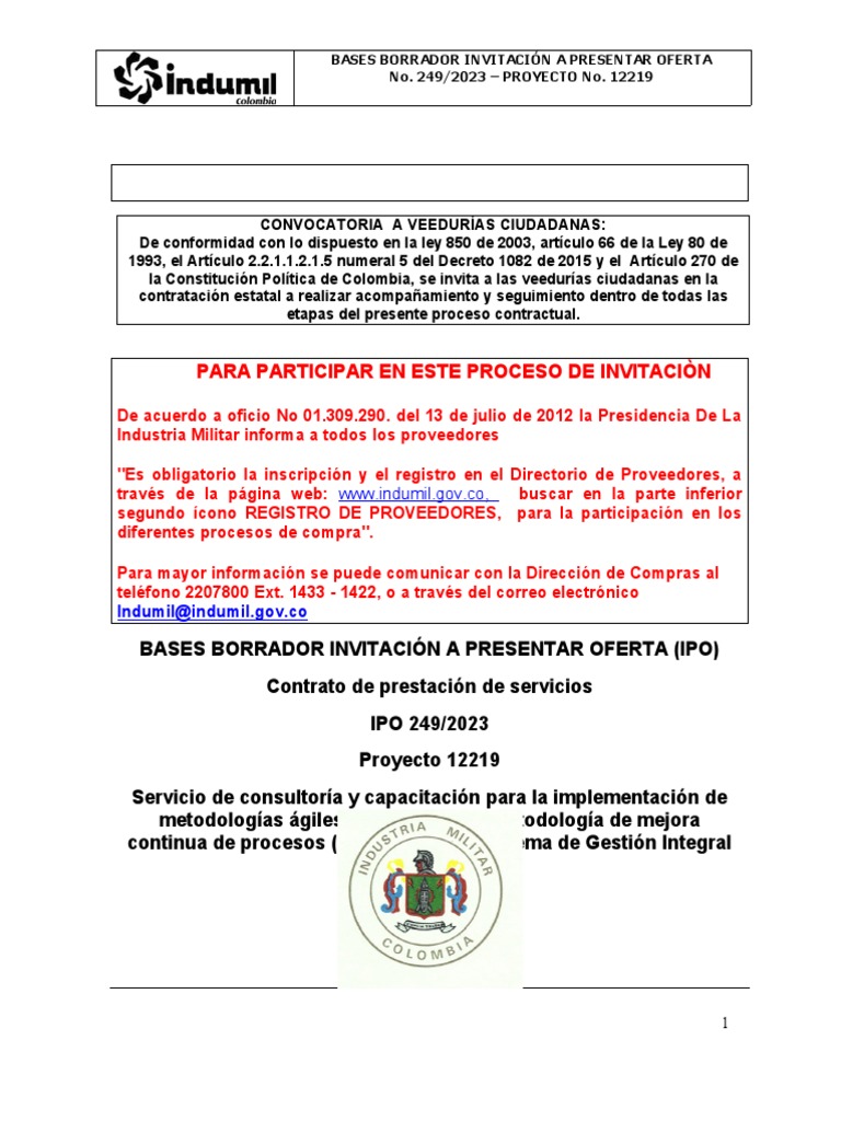 1-Proyecto bases-IM OC VCO GAM DCP BASES BORRADOR IPO 249 2023 PROYECTO 12219 OC | PDF