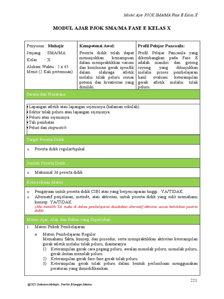 10 Modul Ajar Tolak Peluru - Sma X - 08!05!2022 - Okee | PDF
