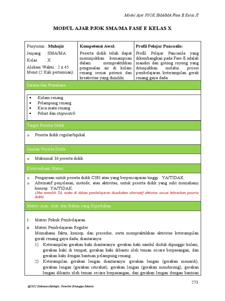Modul Renang Gaya Dada Kelas X | PDF