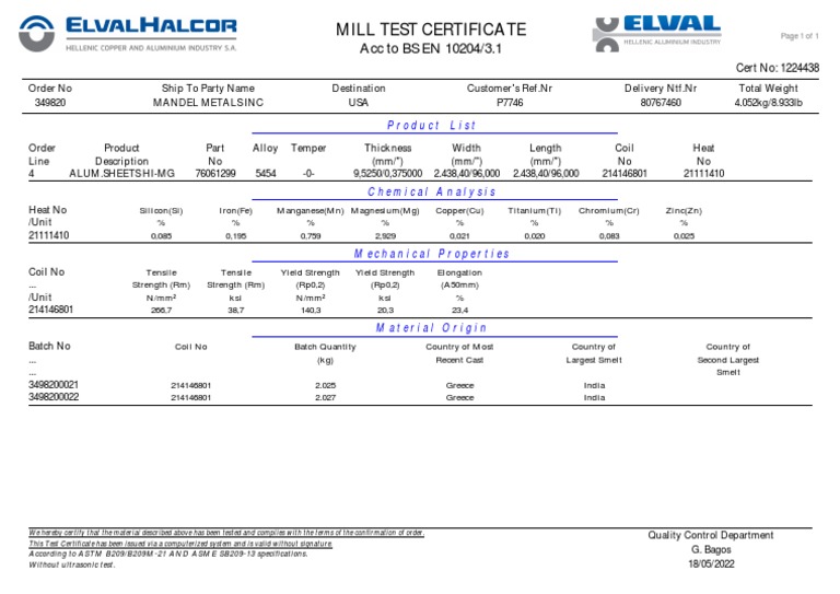 Mill Test Certificate: Acc To BS EN 10204/3.1 | PDF