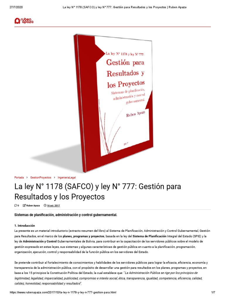 La Ley #1178 (SAFCO) y Ley #777 - Gestión para Resultados y Los Proyectos - Ruben Apaza | PDF