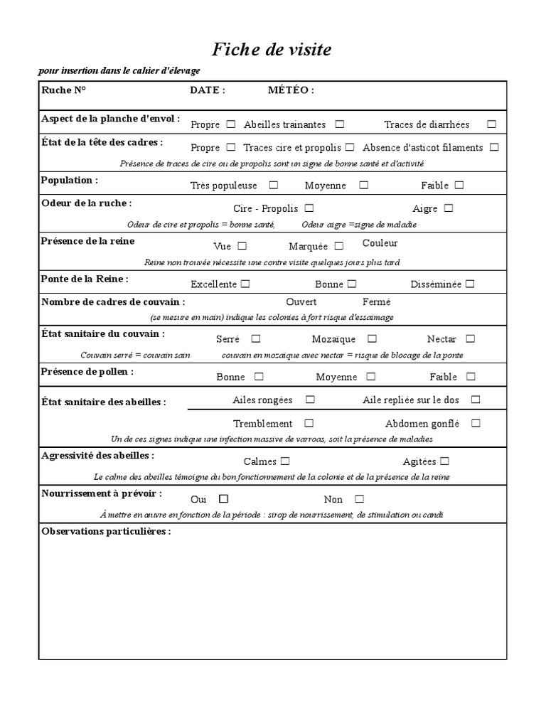 Fiche de Visite D'une Ruche | PDF | Apis (insecte) | Apiculture