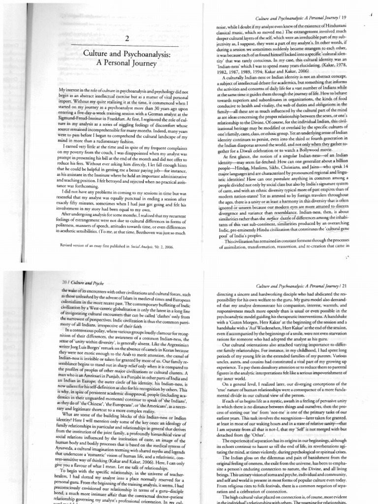 READING 2 CULTURE AND PSYCHOANALYSIS A PERSONAL JOURNEY by SUDHIR KAKAR ...