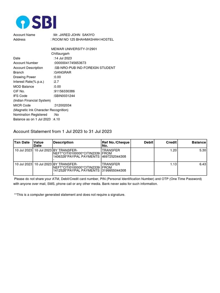 Account Statement From 1 Jul 2023 To 31 Jul 2023: TXN Date Value Date Description Ref No./Cheque ...