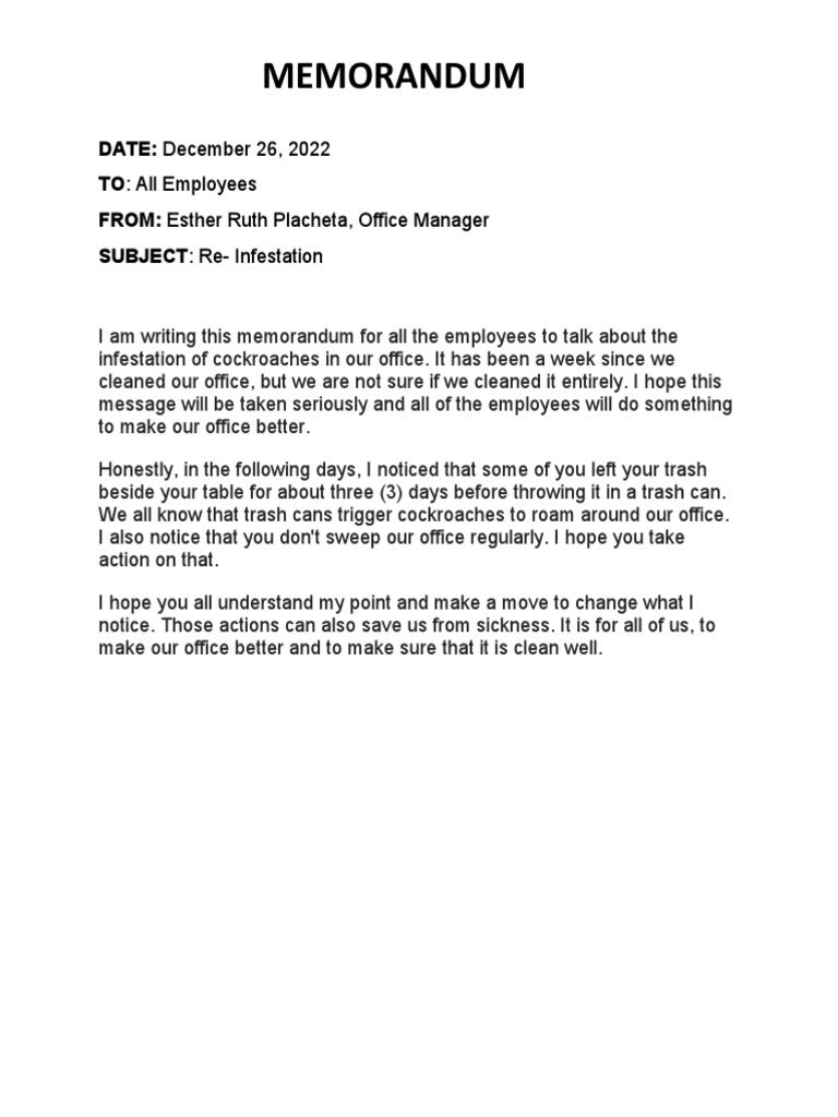Office Cleanliness and Pest Control Memo | PDF