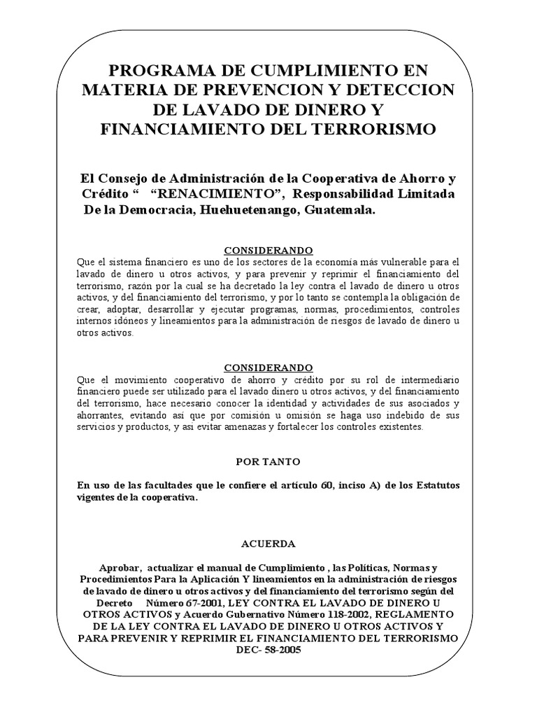 Manual de Cumplimiento 2019 | PDF | Efectivo | Lavado de dinero