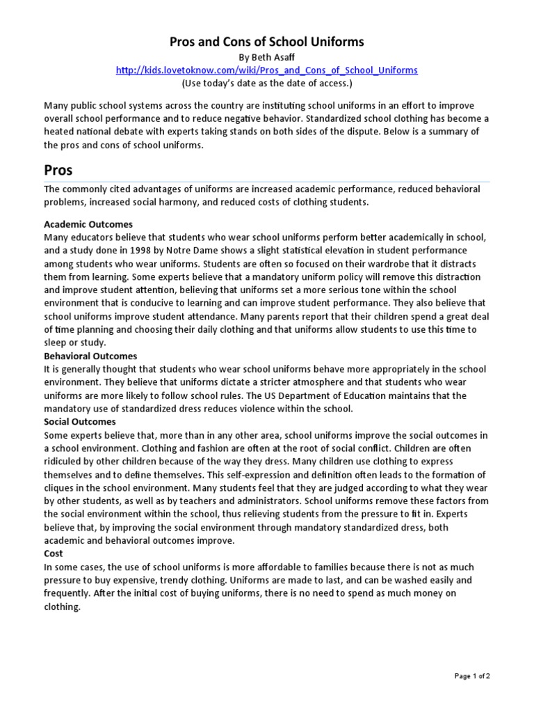 1516 G6Q3 School Uniforms Article 1 - Pros and Cons of School Uniforms ...