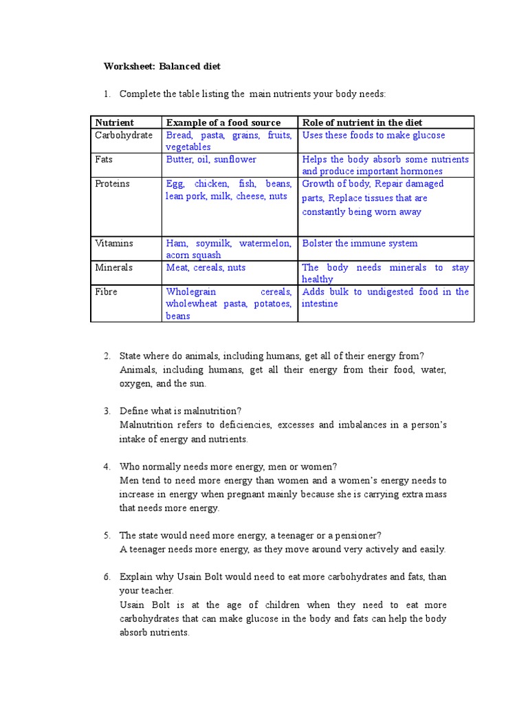 Balanced Diet Worksheet for Students | PDF | Lifestyle