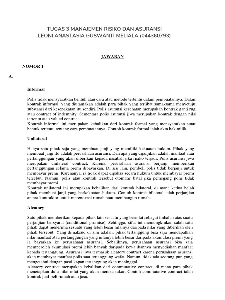 Tugas 3 Manajemen Risiko Dan Asuransi | PDF | Hukum