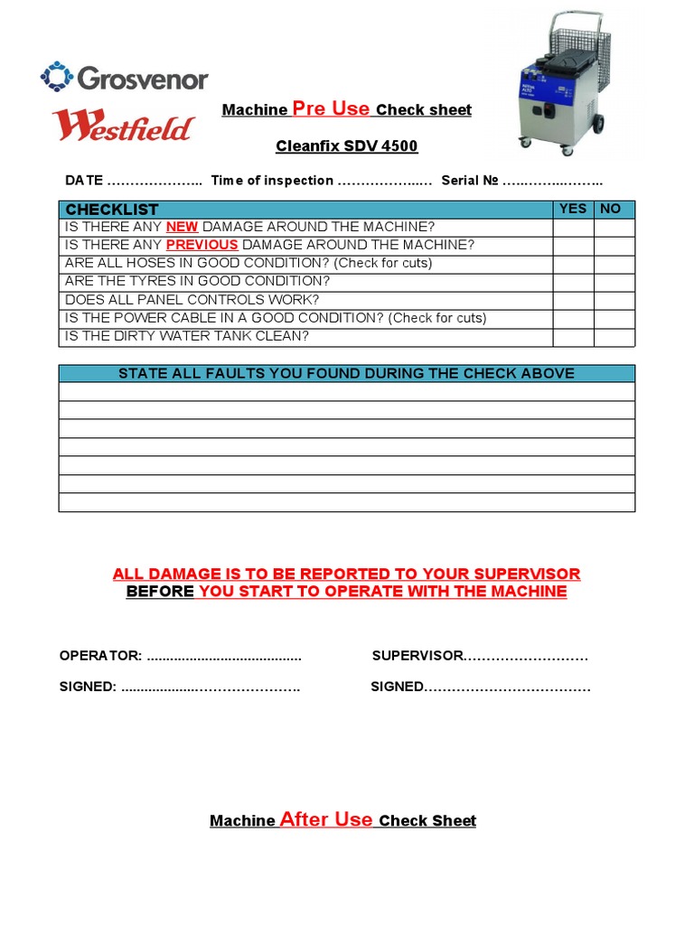 Cleanfix SDV 4500 (Steam Machine) Pre-After Use Check Sheet | PDF