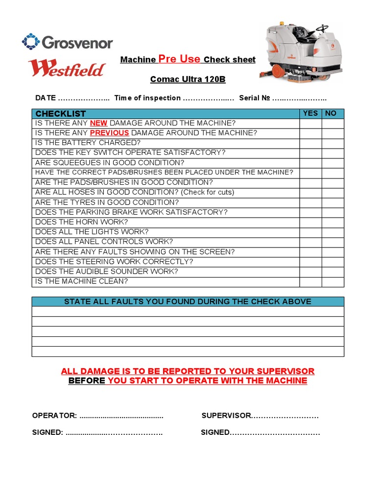 Comac Ultra 120B Pre-After Use Check Sheet | PDF