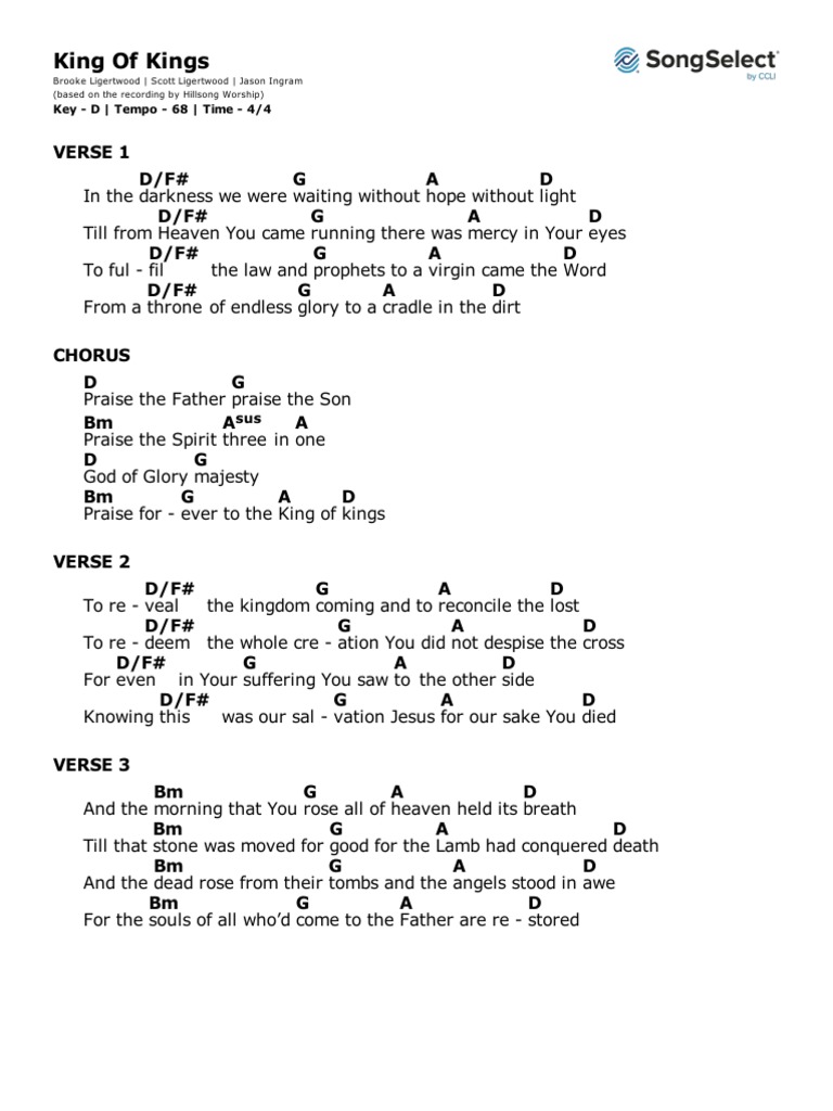 King of Kings - SongSelect Chart in D | PDF | Glory (Religion) | Theology